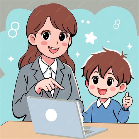 Premium Vector Student And Teacher With Multimedia Class Computer