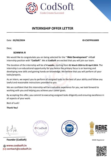 Sowmya R On Linkedin Codsoft Codsoftinternship Intern2024 Offerletter Internship