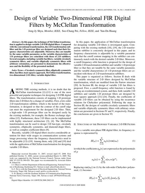 Pdf Design Of Variable Two Dimensional Fir Digital Filters By Mcclellan Transformation
