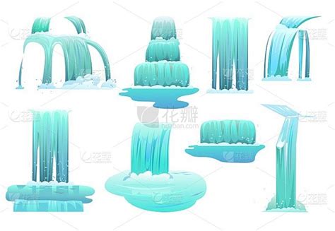 瀑布流的水。一组瀑布闪烁下来。水流湍急，溅起水花。对象孤立在白色背景上。向量