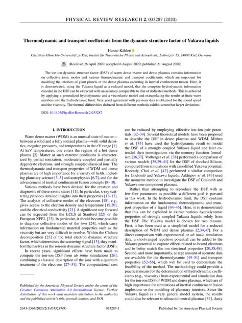 Pdf Thermodynamic And Transport Coefficients From The Dynamic Structure Factor Of Yukawa Liquids