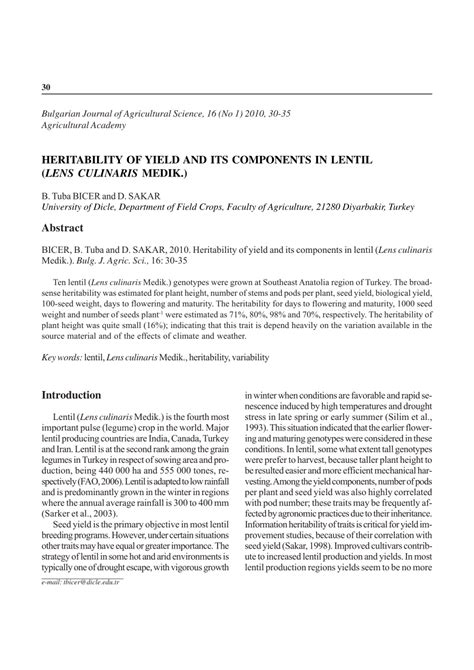 Pdf Heritability Of Yield And Its Components In Lentil Lens