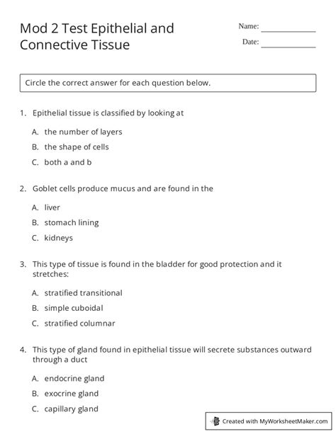 Mod 2 Test Epithelial And Connective Tissue My Worksheet Maker Create Your Own Worksheets