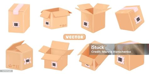 흰색 배경에 분리된 기호가 있는 3d 판지 상자 아이콘 집합입니다 취약성 신중한 취급 비와 물로부터의 보호의 상징이 있는 골판지 배송 상자 3d 사실적인 벡터 3차원 형태에