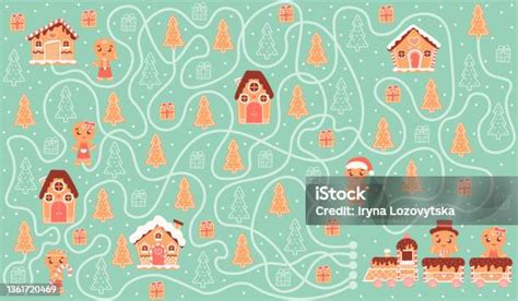 아이들을위한 인쇄 가능한 미로 수수께끼 진저 브레드 하우스에 선물로 올바른 방법 기차를 찾는 데 도움이 크리스마스보드 게임 미로찾기에 대한 스톡 벡터 아트 및 기타 이미지