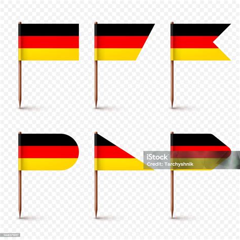 현실적인 다양한 독일 이쑤시개 깃발 독일에서 기념품 종이 깃발이 달린 나무 이쑤시개 위치 표시 지도 포인터 광고 및 프로모션을위한 빈 모형 벡터 그림 0명에 대한 스톡 벡터