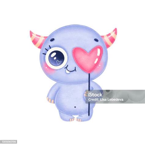 귀여운 만화 보라색 괴물의 발렌타인 데이 그림 흰색 배경에 고립 된 사랑에 귀여운 괴물 몬스터에 대한 스톡 벡터 아트 및 기타