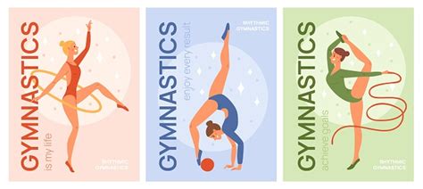 리듬 체조 카드 공 후프 리본을 가진 만화 어린 소녀 운동선수 스포티한 여성 곡예사 캐릭터 여성의 유연한 포즈 곡예 대회 화려한