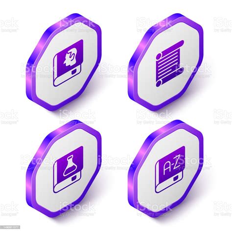 아이소메트릭 법률 책 법령 양피지 두루마리 화학 및 번역기 아이콘을 설정합니다 보라색 육각형 버튼 벡터 3차원 형태에 대한 스톡 벡터 아트 및 기타 이미지 Istock