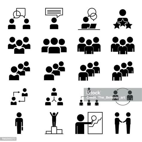 비즈니스 사람들의 간단한 집합입니다 회의 비즈니스 커뮤니케이션 팀워크 연결 말하기 등과 같은 아이콘이 포함되어 있습니다 벡터 일러스트레이션 개념에 대한 스톡 벡터 아트 및