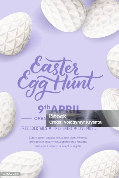 계란 사냥 부활절 휴일 파티 포스터 배너 템플릿입니다 3d 기하학적 질감과 캘리그라피 글자가 있는 벡터 계란 0명에 대한 스톡 벡터 아트 및 기타 이미지 Istock