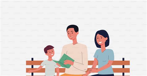 공원의 벤치에 앉아 함께 책을 읽는 아이와 함께 있는 가족 흰색 배경에 고립된 평면 벡터 삽화 부모와 아들은 야외에서 시간을 보낸다 사진 Unsplash의 남자 이미지
