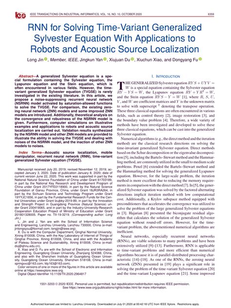 Pdf Rnn For Solving Time Variant Generalized Sylvester Equation With Applications To Robots