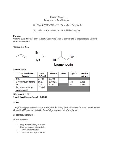 Organic Chemistry Lab Report 11 Hannah Young Lab Partner Camille Aljibe 11 12 Chem 3105