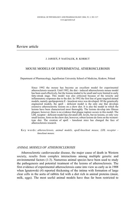 Pdf Mouse Models Of Experimental Atherosclerosis