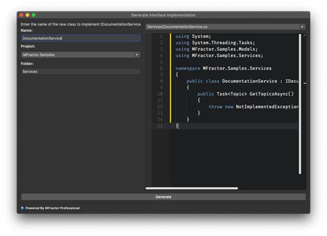 Generate Interface Implementation Mfractor Documentation