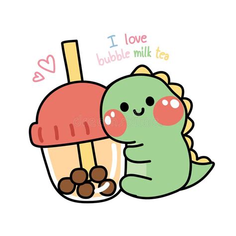 Cute Dinosaur With Bubble Milk Tea Cartoon Beverage Stock Vector Illustration Of Kawaii Heart