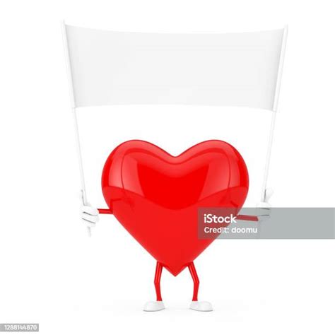 레드 하트 캐릭터 마스코트와 당신의 디자인을위한 여유 공간이있는 빈 흰색 빈 배너 3d 렌더링 감정에 대한 스톡 사진 및 기타 이미지 Istock