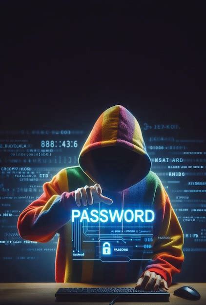 Premium Photo A Hacker In A Rainbow Hooded Sweatshirt Grabs The Word Password On A Computer