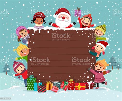 눈 날에 아이들과 산타 클로스의 그룹과 메리 크리스마스 Backgroud 나무 보드 아이에 대한 스톡 벡터 아트 및 기타 이미지 아이 크리스마스 산타 클로스 Istock