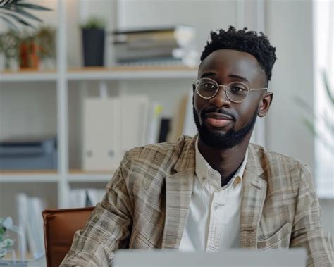 Premium Photo A Man Wearing Glasses Sits At A Desk With A Laptop In Front Of Him