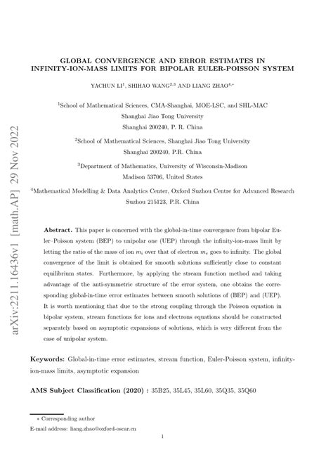 Pdf Global Convergence And Error Estimates In Infinity Ion Mass Limits For Bipolar Euler