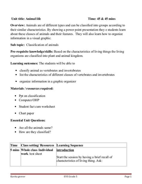 Lesson Plan Of Classification Characteristics Of