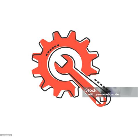 벡터 만화 스타일에서 만화 서비스 도구 아이콘입니다 렌치 기호 그림 그림으로 톱니입니다 워크샵 비즈니스 스플래시 효과 개념입니다 건설 기계류에 대한 스톡 벡터 아트 및 기타