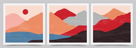 벡터 그림입니다 추상적인 현대미학 배경 풍경이 설정됩니다 지구 톤 색상 보호 벽 장식 현대 미술 프린트 소셜 미디어 템플릿 사각형 배너에 대한 평면 디자인 산 0명에 대한