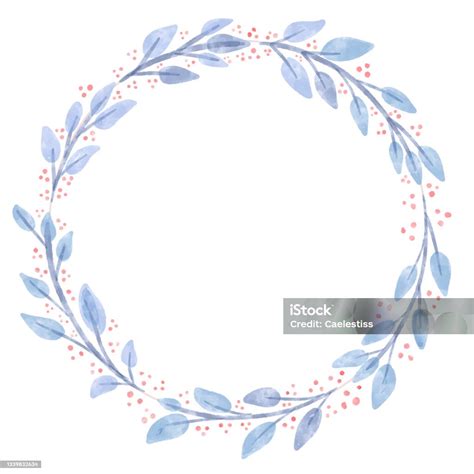 심플한 수채화 벡터 겨울 시즌 크리스마스 화환 투명한 질감의 블루 잎과 축제 레드 베리가있는 예술적 라운드 프레임 공간을