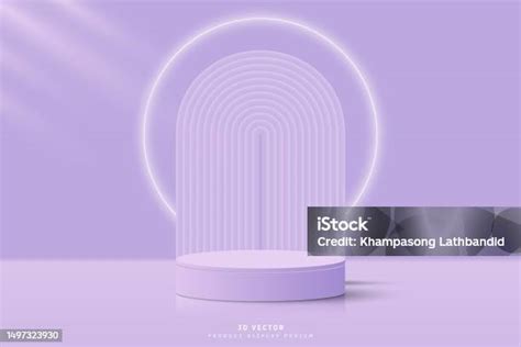 럭셔리하고 깨끗한 스튜디오 룸 아치 모양과 빛나는 네온 반지 배경이 있는 추상적인 보라색 3d 실린더 연단 받침대 쇼 제품 쇼케이스를 위한 3d 무대 모형을 위한 최소한의