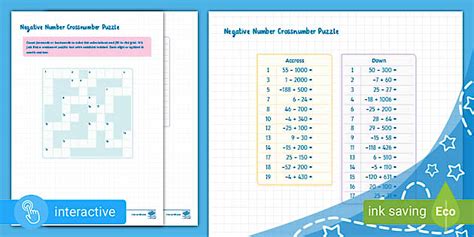 Negative Number Crossnumber Puzzle Ages 10 11 Twinkl