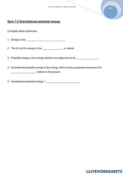 Gravitational Potential Energy And Motional Kinetic Energy Worksheet
