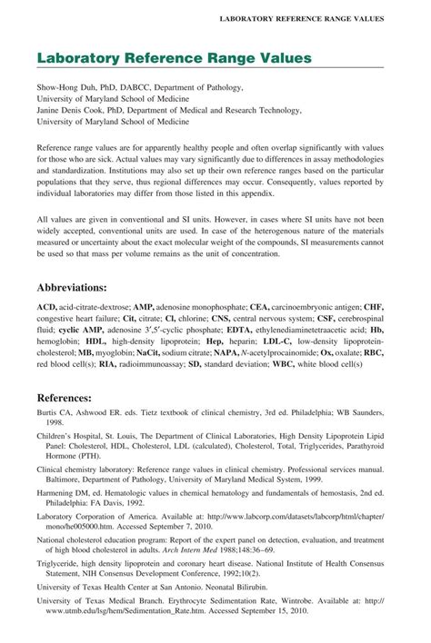 Laboratory Reference Range Values