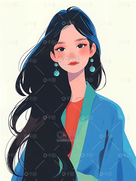 插画ai数字艺术 穿蓝色衣服的长发亚洲女孩插画 Ai平面元素免费下载 Png格式 2784像素 编号70198890 千图网