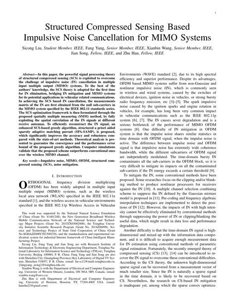 Pdf Structured Compressed Sensing Based Impulsive Noise Cancelation For Mimo Systems