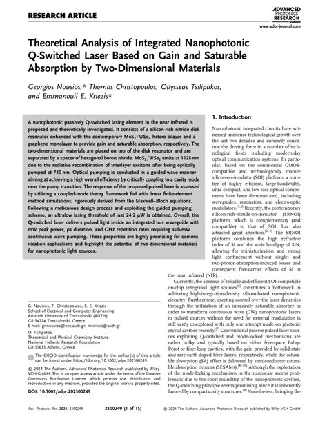 Pdf Theoretical Analysis Of Integrated Nanophotonic Q‐switched Laser Based On Gain And