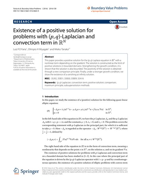 Pdf Existence Of A Positive Solution For Problems With Pq Laplacian And Convection Term