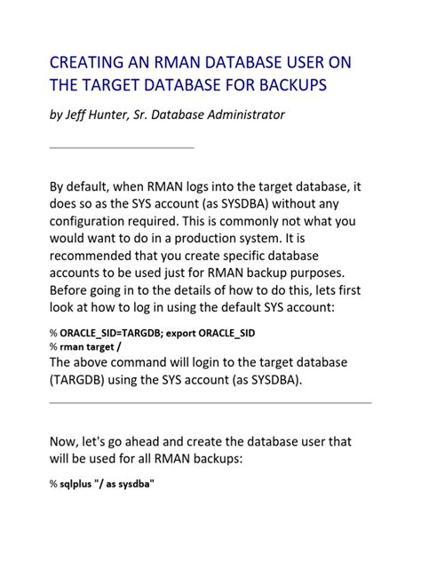 creating an rman database user on the target database for backups pdf