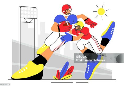 미식 축구 벡터 일러스트 레이 션은 평면 스타일의 만화 배경에서 경기장에서 경기 중 공을 들고 있는 운동 선수를 특징으로합니다
