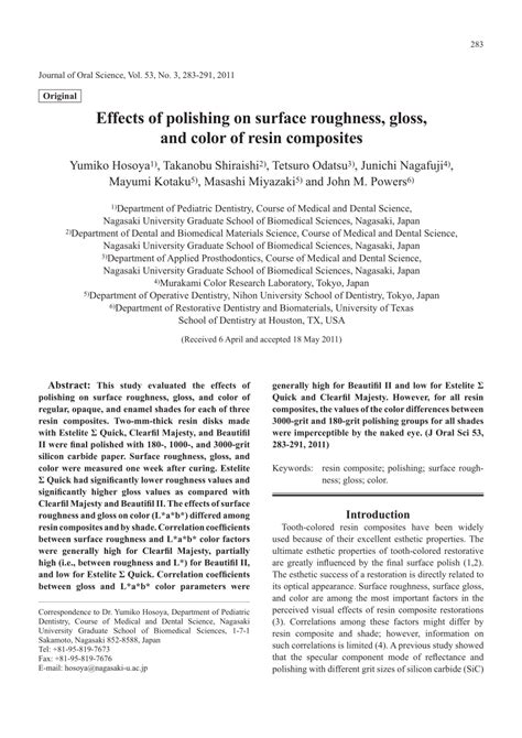 Pdf Effects Of Polishing On Surface Roughness Gloss And Color Of Resin Composites