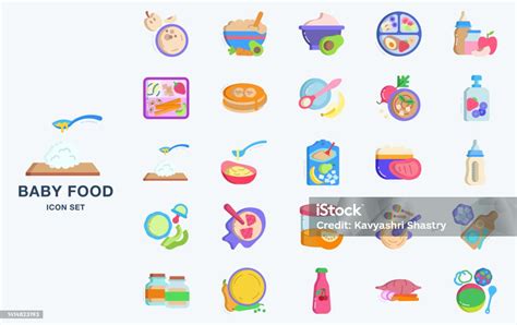 다양한 종류의 재료로 설정된 다양한 베이비 푸드 아이콘 세트 이유식에 대한 스톡 벡터 아트 및 기타 이미지 이유식 0명 가정 주방 Istock