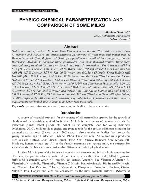 Pdf Physico Chemical Parameterization And Comparison Of Some Milks