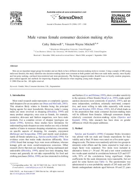 Pdf Male Versus Female Consumer Decision Making Styles