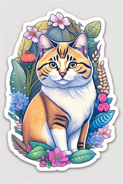 Sticker Cat Among Beautiful Flowers Cat Sticker Is Perfect For A Wide