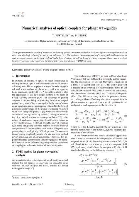 Pdf Numerical Analyses Of Optical Couplers For Planar Waveguides