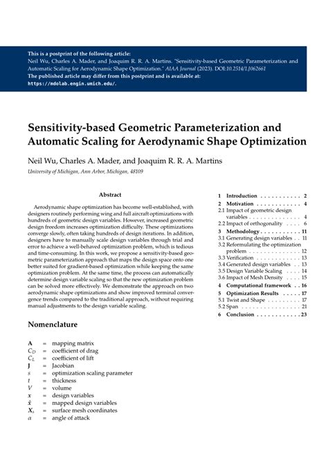 Pdf Sensitivity Based Geometric Parametrization And Automatic Scaling For Aerodynamic Shape