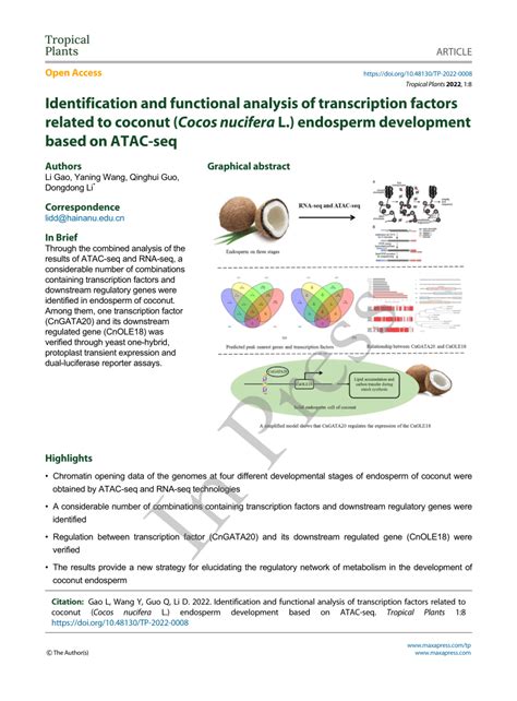 Pdf Identification And Functional Analysis Of Transcription Factors Related To Coconut Cocos