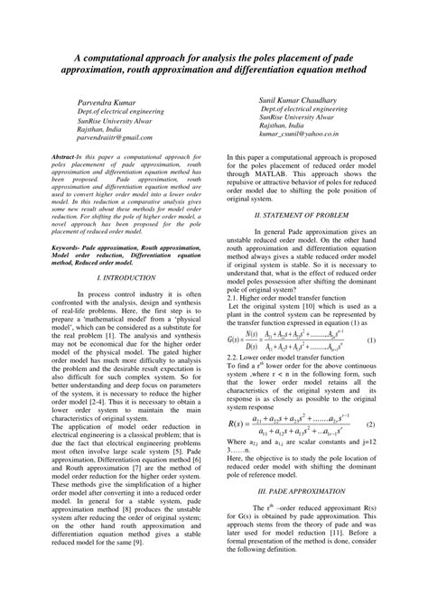 Pdf A Computational Approach For Analysis The Poles Placement Of Pade Approximation Routh