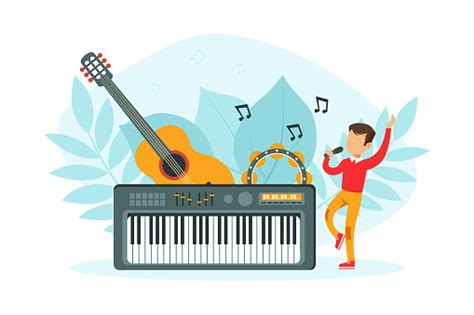 마이크와 함께 노래하는 작은 소년 거대한 악기 기타 탬버린과 키보드와 마이크와 함께 노래 작은 소년 음악 학교 벡터 일러스트레이션수업에 아이 기타 현악기에 대한 스톡 벡터